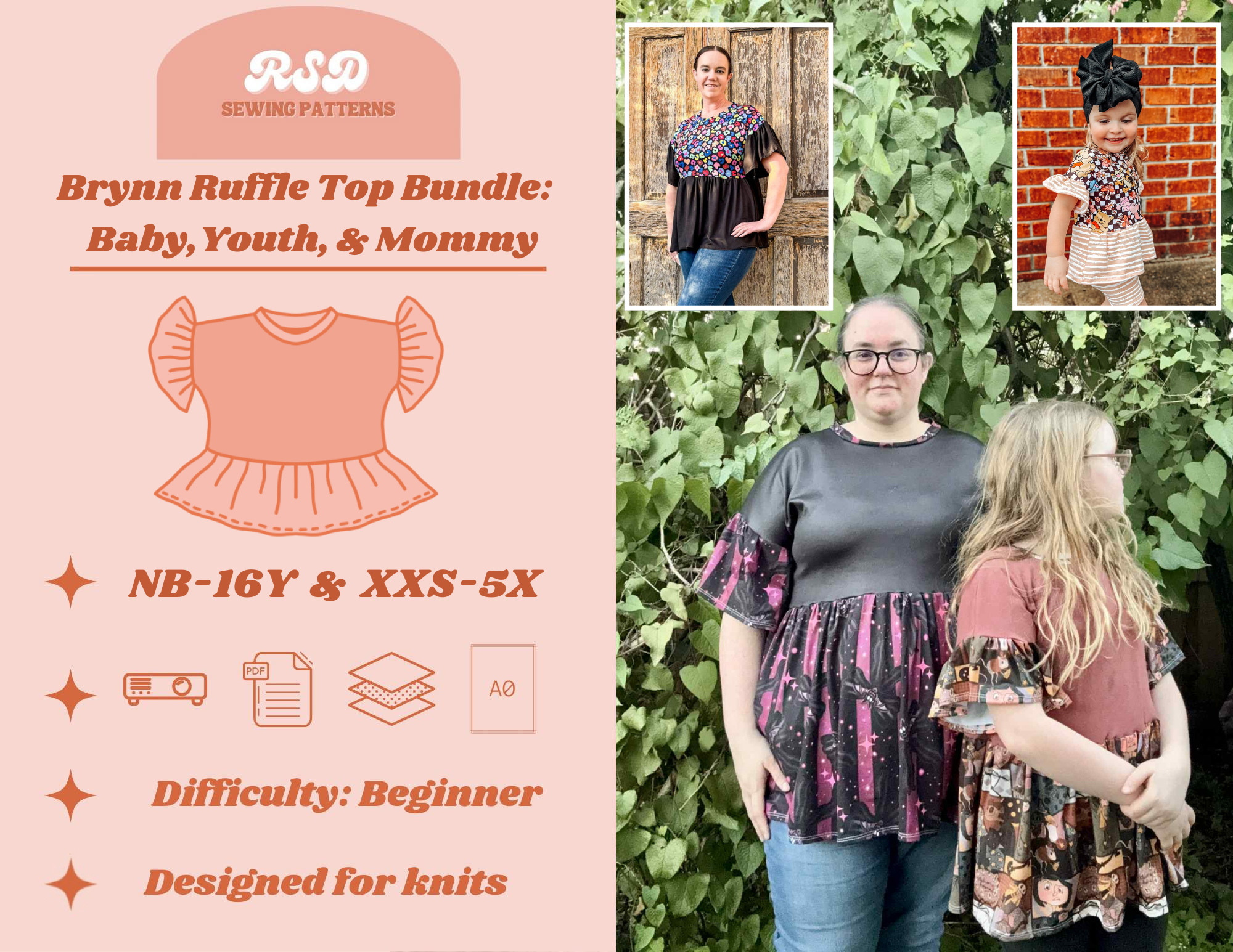 Baby, Youth, & Mommy Brynn Ruffle Top Bundle PDF – Retro Sparkle Designs